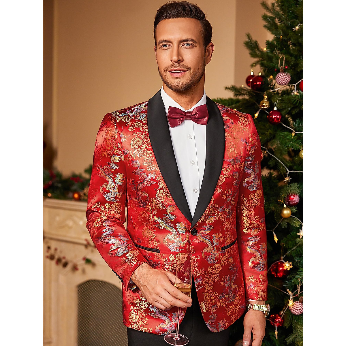 Coofandy Men's Stylish Dragon Floral Suits Fashion Slim Fit One-Button Blazer Jacket, Red, XX-Large