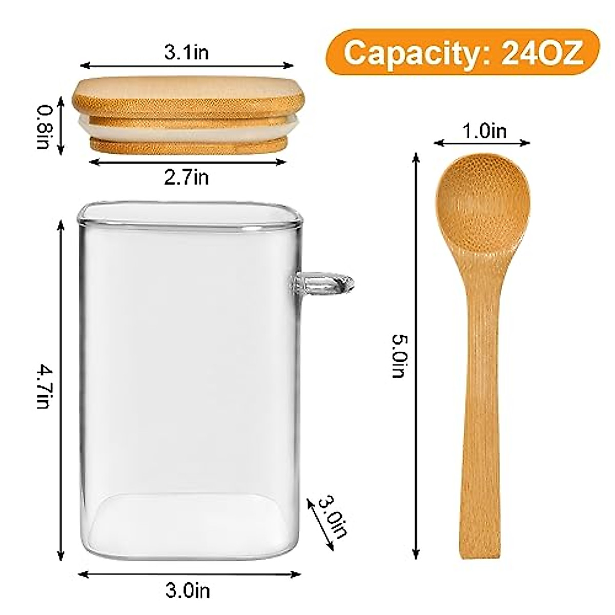 Yomarket Overnight Oats Containers with Bamboo Lids and Spoons 24 Oz Glass Containers with Lids, Square Glass Jars Kitchen Storage with Labels for Food, Coffee, Sugar, Spice, Flour, Cereal, Tea