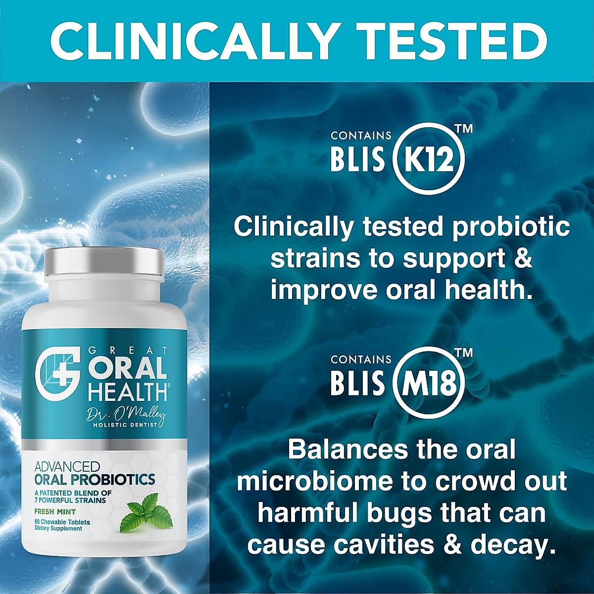 Oral Probiotics for Mouth Bad Breath Treatment for Adults: Dentist Formulated BLIS K12 M18 Advanced Oral Probiotics for Teeth and Gums, 60 Chewable Oral Health Probiotics Supplement Tablets (Mint 2pk)