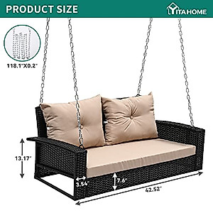 YITAHOME 2-Seats Wicker Hanging Porch Swing Chair Outdoor Black Rattan Patio Swing Lounge w/ 2 Back Cushions Capacity 530lbs for Garden, Balcony, Living Room, Beige