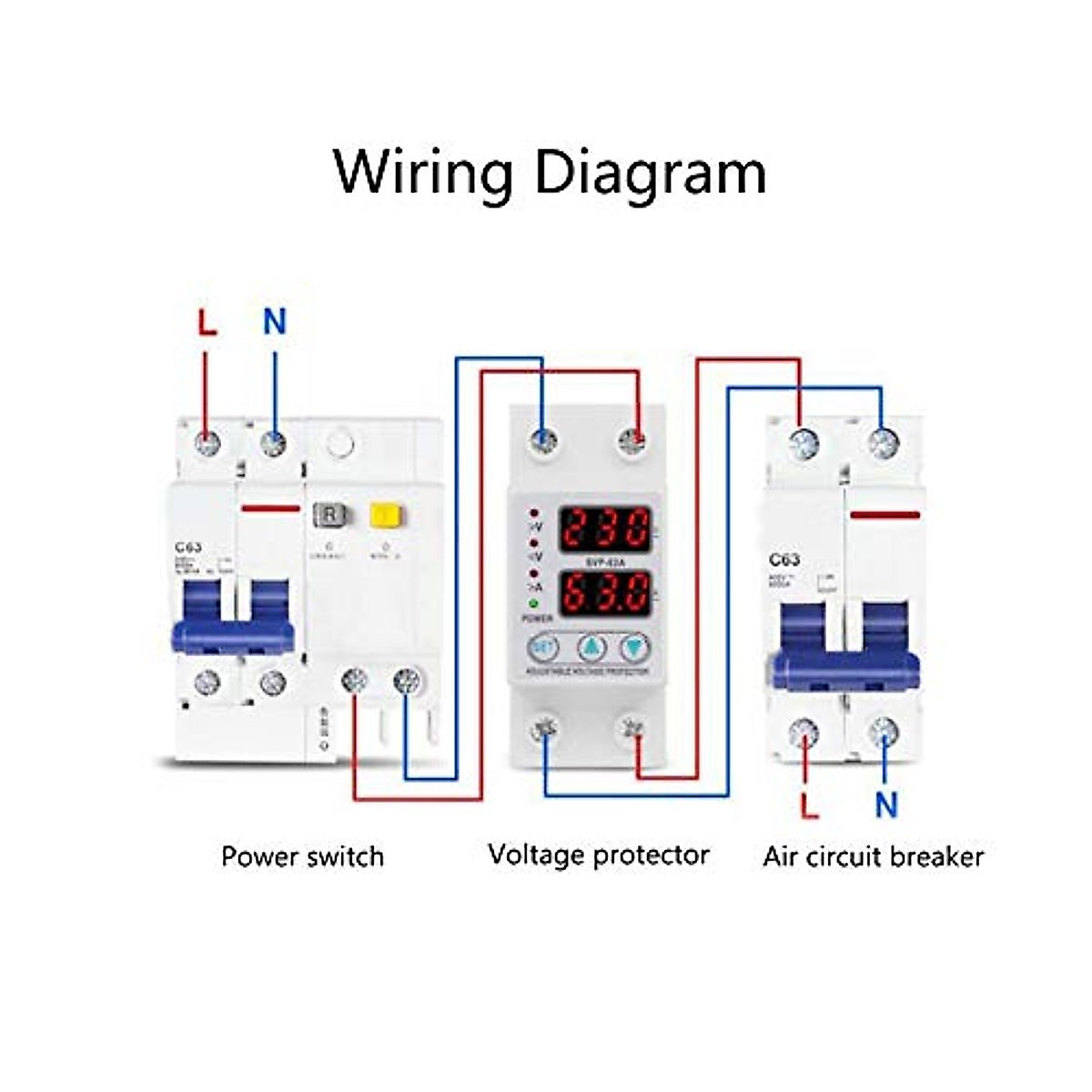 Double LED Display Single Phase Adjustable Voltage Current Protector Voltage Protective Device AC230V 63A 81 x 36 x 60mm