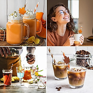 Whaline 60Pcs Thanksgiving Maple Leaf Paper Straws Fall Glitter Leaf 3 Color Disposable Drinking Straws Orange Brown Stripeed Straws with Glue Points for Autumn Thanksgiving Party Supplies