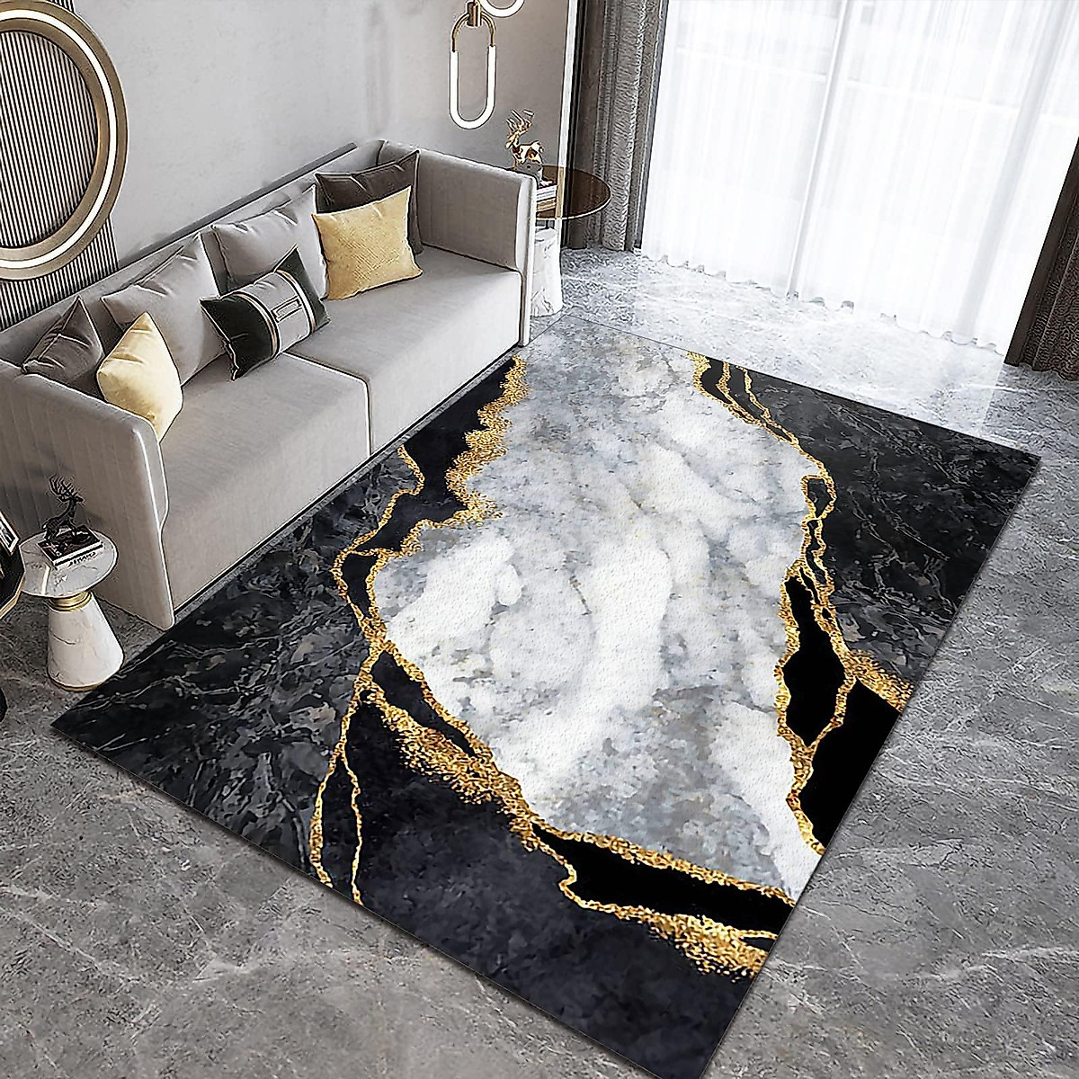 Nordic Luxury Black Gold White Geometry Art Area Rug, Abstract Marble Indoor Rug, Soft Foldable Non Slip Breathable Foldable Carpets for Living Room Bedroom Entryway Hotel Office 3x5ft