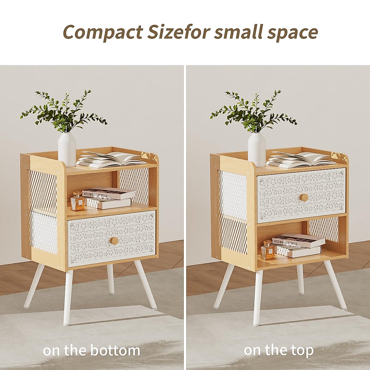 Nightstand, Bedside Table with Metal Drawers, End Table with Open Shelf, 2-Tier Open Adjustable Metal Floral Drawer Night Stand for Sofa Side Table, Bedroom Bedside Table, Maple White