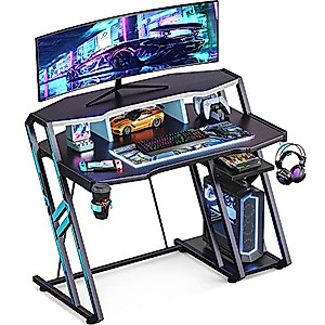 MOTPK Gaming Desk with Storage Shelf 39 inch, Computer Desk with Monitor Shelf, Gaming Table with Carbon Fiber Surface, Gamer Desk with Cup Holder & Headphone Hook, Gift for Boys Men, Black