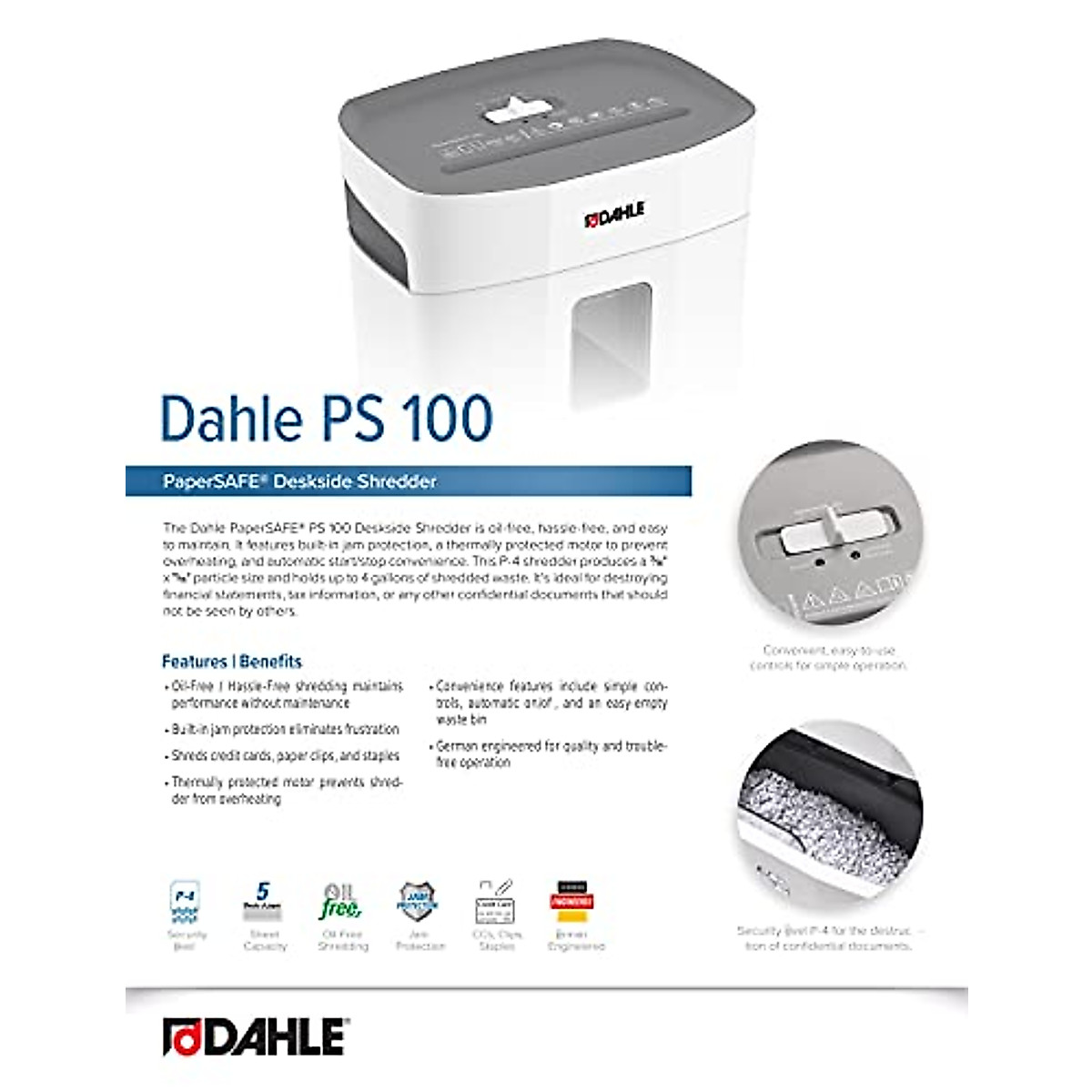 Dahle PaperSAFE PS 100 Paper Shredder, Oil Free, Jam Protection, Security Level P-4, 5 Sheet Max, Shreds Staples, Paper Clips & Credit Cards