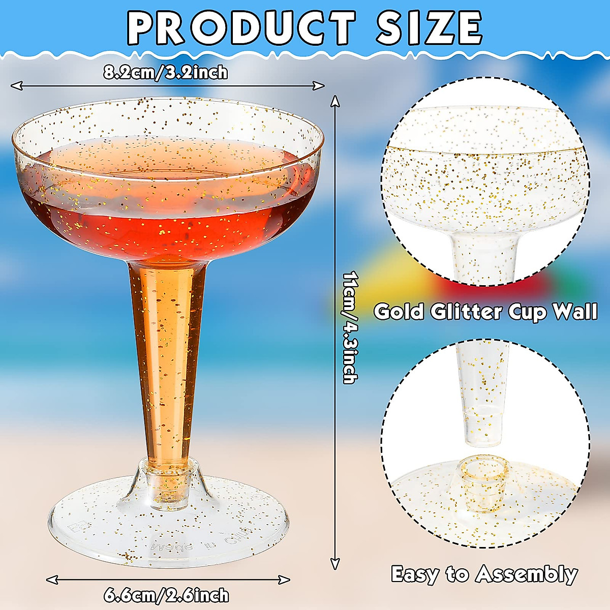 Censen 50 Pcs 4 oz Plastic Martini Glasses Cocktail Glasses Champagne Coupe Transparent Margarita Cups Gold Disposable Party Stemware for Wine Dessert Birthday Wedding(Glitter)