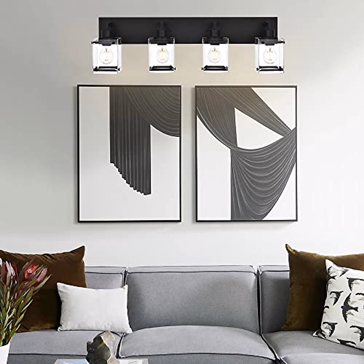 MELUCEE 4-Light Vanity Lights for Bathroom, Industrial Indoor Wall Sconces Black Bathroom Lighting with Rectangular Clear Glass Shade for Kitchen Hallway Living Room, 31.3 Inches Length