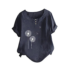 Women Summer Round Neck Button Dandelion Print Short Sleeve T Shirt Blouse Navy