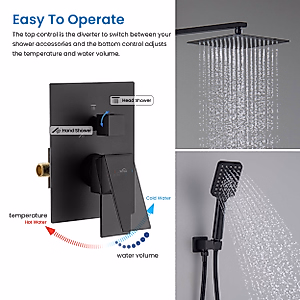 KIBI Cube Bathroom Shower System | 2-Function Wall Mounted Shower Faucet Set with Solid Brass Pressure Balanced Valve | Three Hand Shower Modes | 15-inch Long Shower Arm | Matte Black (KSF405)