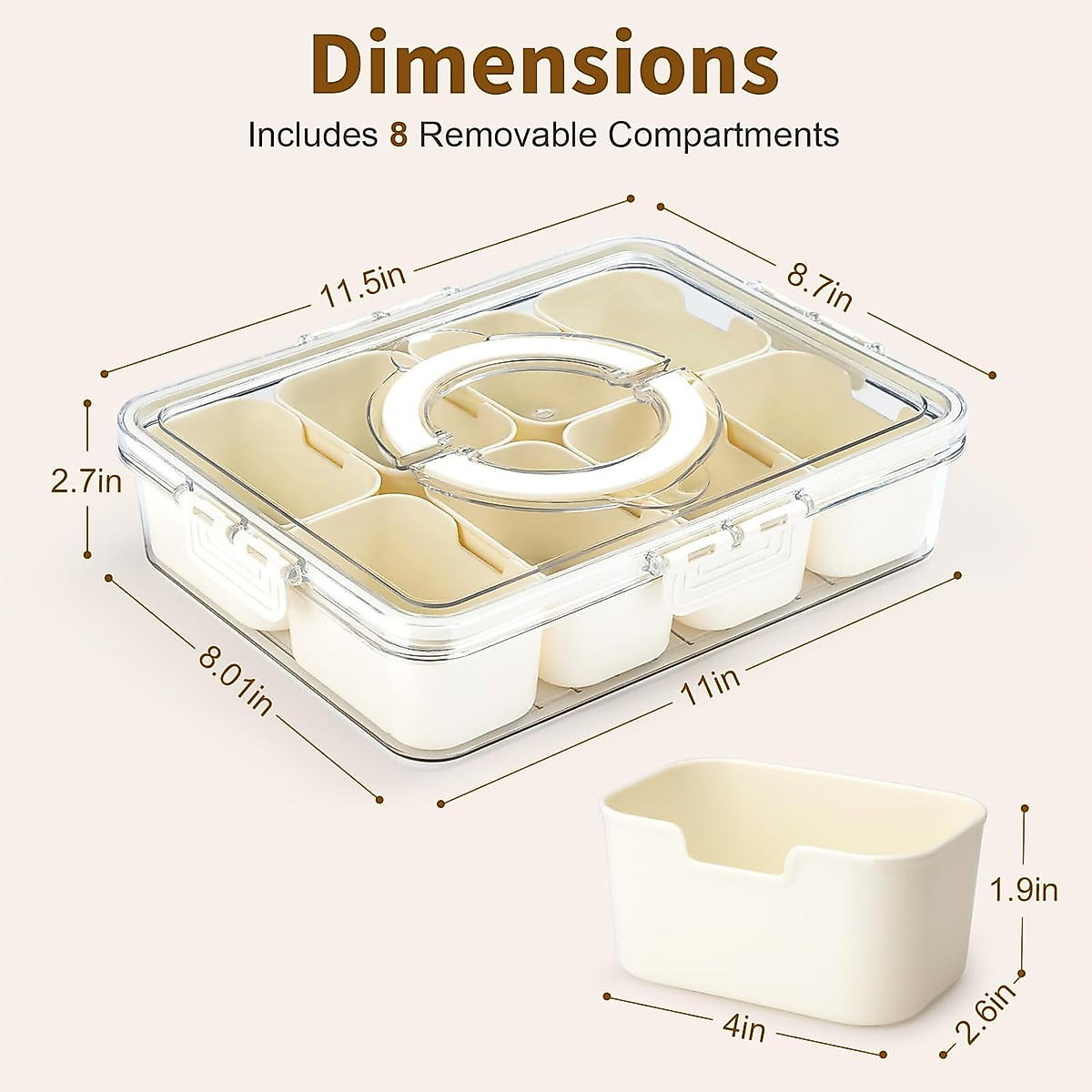 Plastic Divided Serving Tray with Lid and Handle Snack Box Charcuterie Container Portable Snack Platters Organizer for Candy, Fruits, Snacks, Nuts, for Party, Entertaining, Picnic (8 compartments)