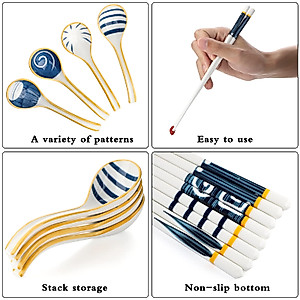 Spoon and Chopsticks Set Ceramic Chopsticks Spoon Set of 4 Asian Soup Spoon and Chopsticks Long Handle Spoon Chopstick for Home Kitchen Restaurant (Model 1#)