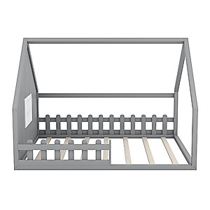 MERITLINE House Bed for Kids Full Montessori Floor Bed Wood Frame with Rails and Window, No Box Spring Needed, for Kids Teens Girls Boys (Full Size, Gray)