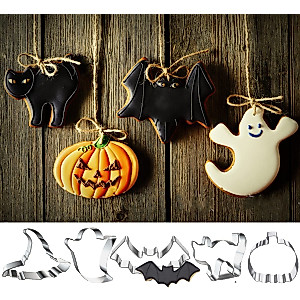 Halloween Cookie Cutters Set- 5 Pieces Stainless Steel Baking Cutter Molds Pumpkin, Ghost, Witch's Hat, Bat, Cat Cookie Cutters Holiday Decorative Party Supplies