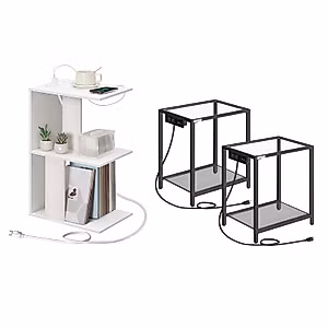 MAHANCRIS End Table with Charging Station and Side Tables with Charging Station bundle，Narrow Side Table for Small Spaces，2-Tier Nightstand with Tempered Glass Top，for Bedroom，Living Room ETWT18E01Z-E