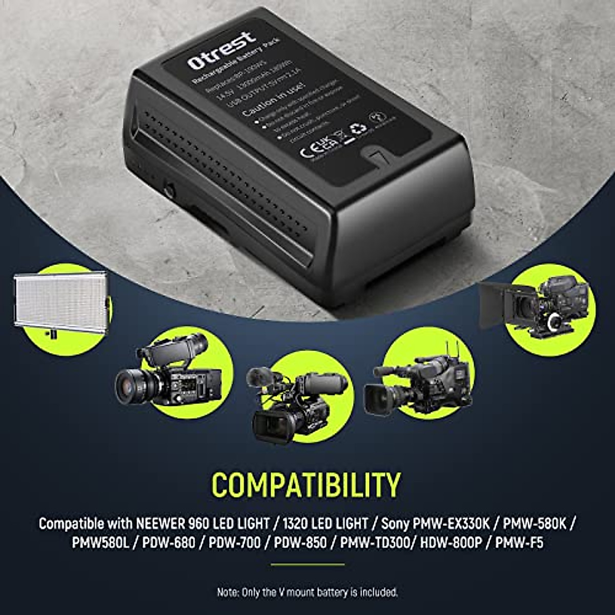 OTREST 13200mAh V Mount Battery, BP-190WS 14.8V 190Wh Rechargeable Li ion Battery with D Tap Output Charger and Cable for Video Broadcast LED Light Compatible with Sony BMPCC Camera Camcorder