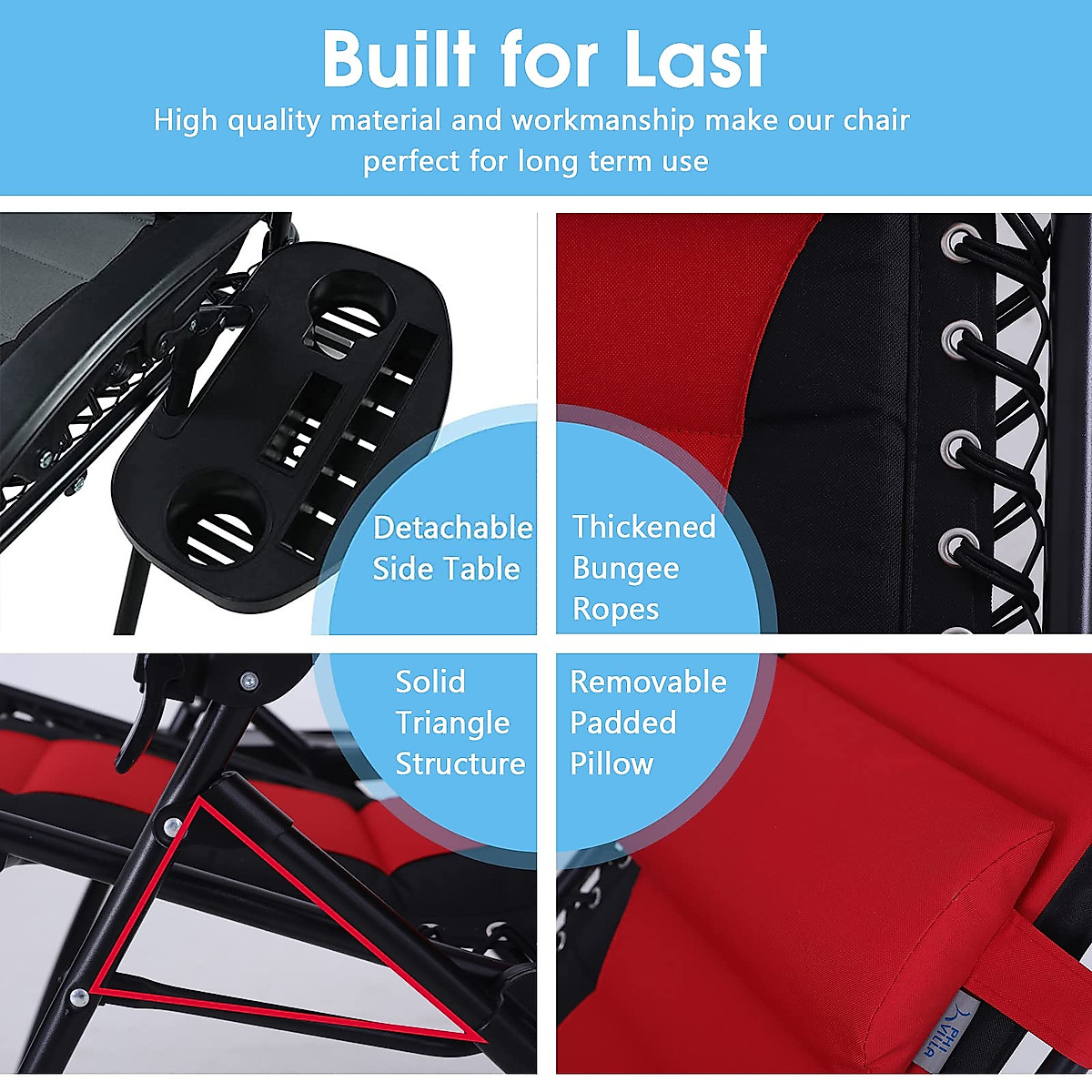 MAISON ARTS Oversized Padded Zero Gravity Lawn Chair Foldable Patio Recliner Anti Gravity Lounge Chair w/Pillow & Cup Holder Outdoor Camp Chair for Poolside Backyard Beach, Support 300lbs, Red