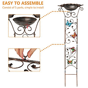 SUNNYPARK Bird Bath with Trellis Outdoor, Antique Garden Iron Trellis with Decorative Butterflies Detachable Bird Bowl Metal Potted Plants Support for Climbing Flowers
