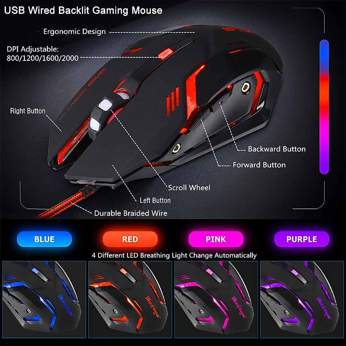 BlueFinger RGB Gaming Keyboard and Backlit Mouse Combo, USB Wired, LED Gaming set for Laptop PC Computer Game and Work