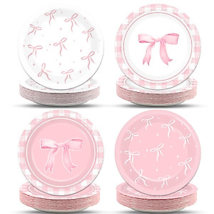 48pcs Pink Bow Party Supplies Bow Birthday Party Plates 7” Pink Bow Party Decor for Girl Bachelorette Bridal Engagement Baby Shower Coquette Cute Tableware Dinnerware Party Favor for 48 Guests