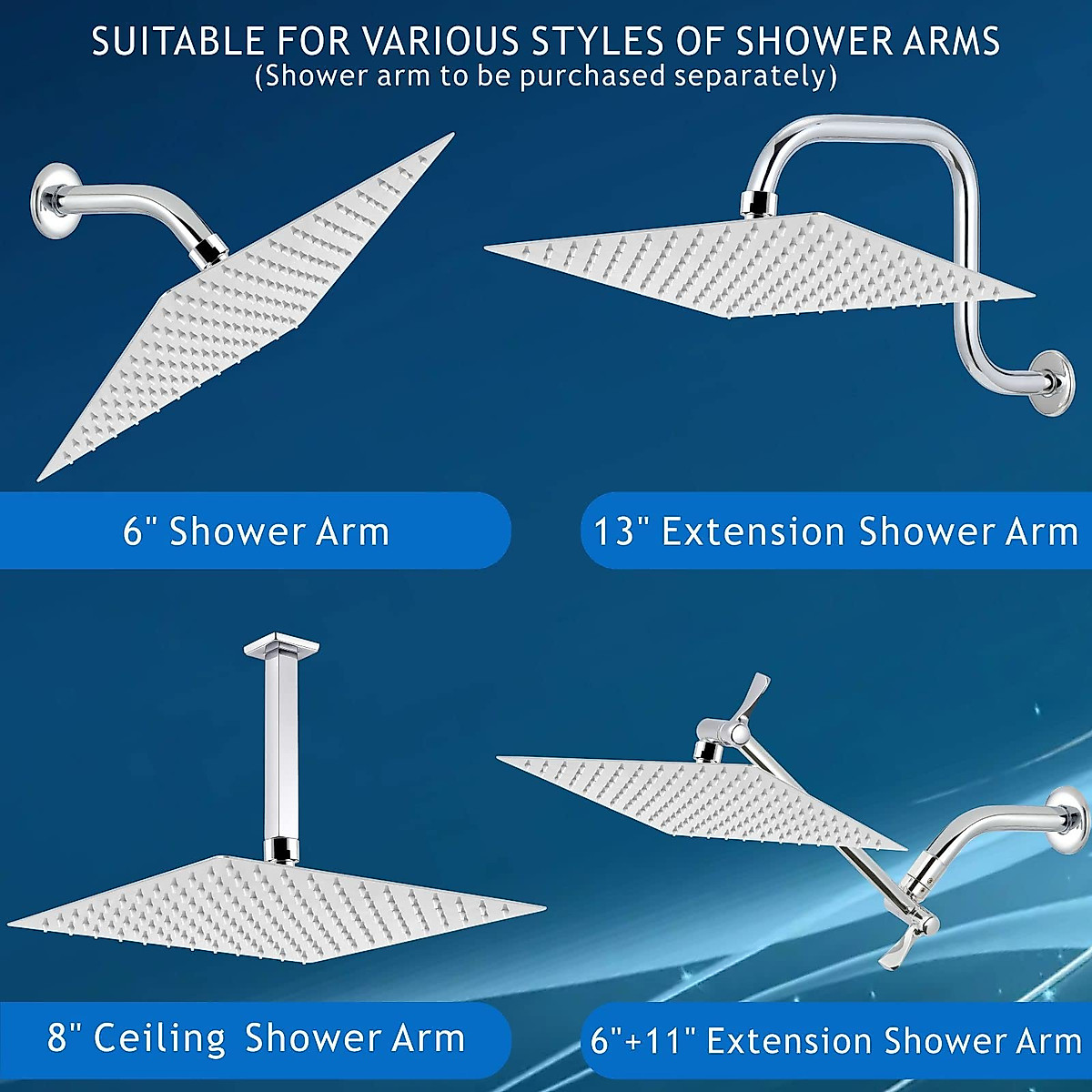 Voolan Rain Shower Head - High Flow Large Rainfall Shower Heads Made of Stainless Steel - Waterfall Bathroom Square Showerhead - Ceiling or Wall Mount (12" Chrome)