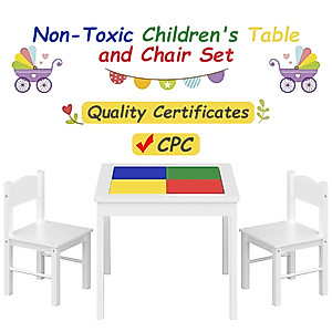 4NM 3 in 1 Kids Table Set for 2, Children Table and Chairs, Toddler Play Activity Table with Hidden Storage Wood Building Block Table Desk for Ages 3-7- Color White