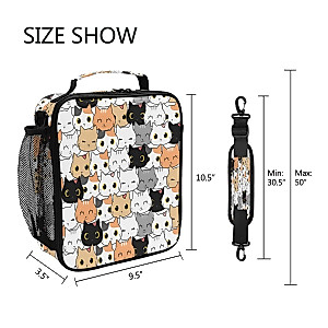 Cute Cats Kitten Pattern Lunch Bag Box Insulated Cooler Lunch Tote Bag Meal Organizer with Shoulder Strap for Women Girls Boys School