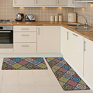moonysweet Boho Anti Fatigue Kitchen Rug Mat Non Skid Cushioned Waterproof Non Slip PVC Leather Runner Standing Mat Colorful 17" x 29" +17" x 47" Set of 2 (2 Pieces)