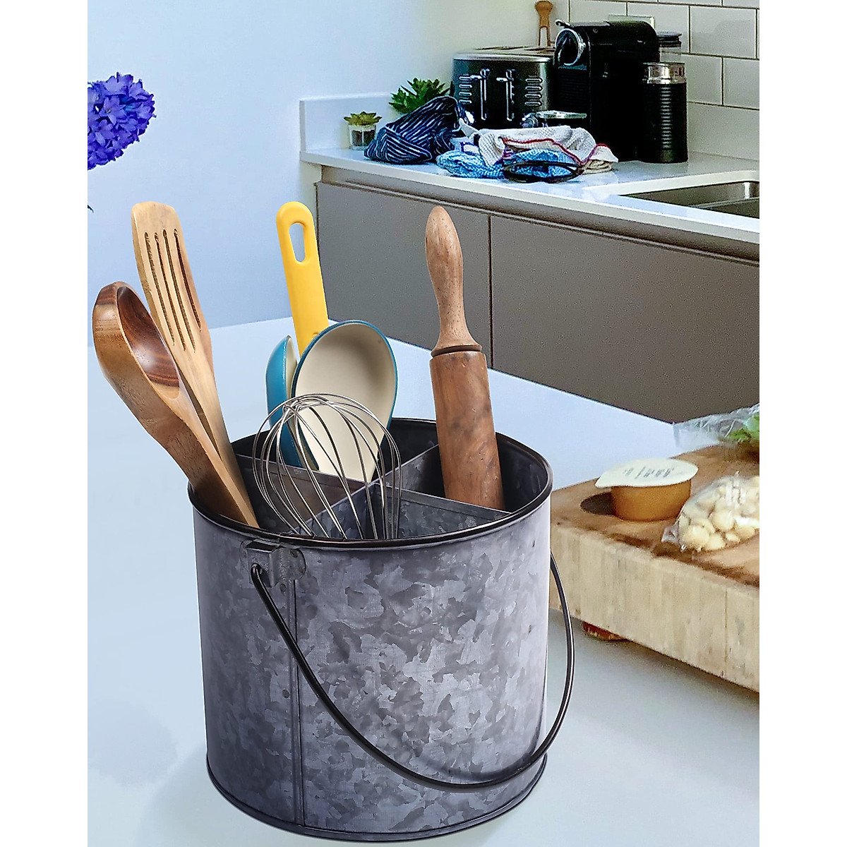 Galvanized Utensil Holder,Utensil Caddy,Galvanized Bucket,Silverware Caddy,Metal Caddy,Outdoor Utensil Caddy,Tin Utensil Holder,Utensil Caddy for Parties,Picnic Caddy,Farmhouse Utensil -Natural