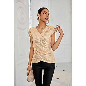 Womens Sequin Sparkle Tops Shimmer Glitter Club Party Cap Sleeve Wrap V-Neck Twist Front Tops Plus Size Champagne XL