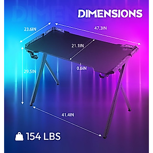 Dowinx Gaming Desk with LED Lights, RGB Gaming Computer Table with Carbon Fibre Surface, LED Home Office Desk with Remote Control, Pc Workstation with Cup Holder and Headphone Hook, Black
