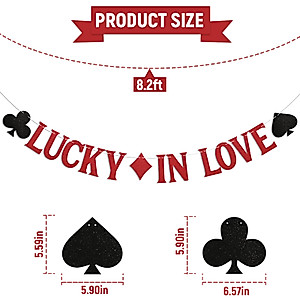 Lucky in Love Banner - Las Vegas Bridal Shower Decor, Casino Theme Blackjack Game Night Wedding Engagement Bachelorette Party Decorations Red Glitter