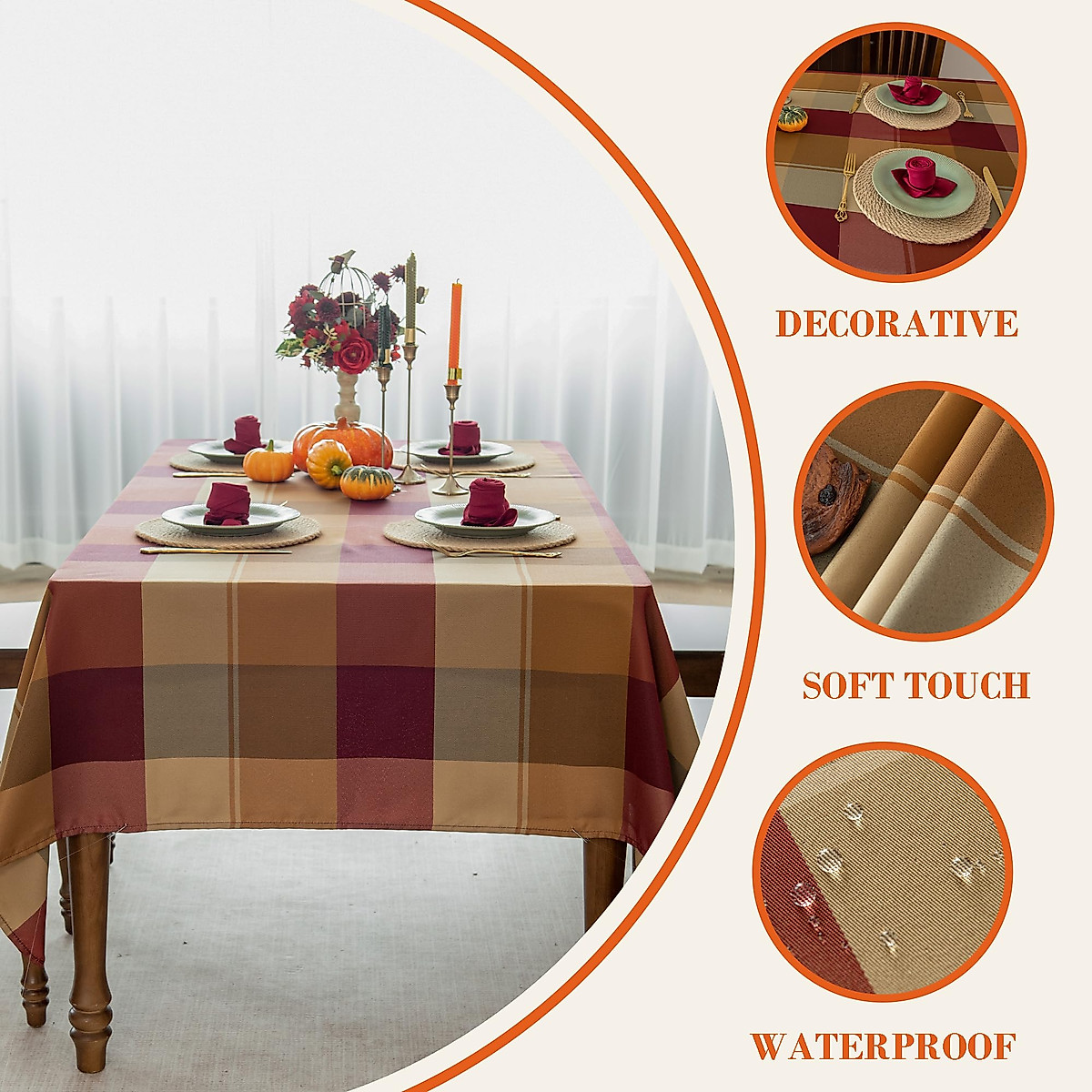 LOSIVISHE Fall Plaid Tablecloth for Thanksgiving, 60x84 inches Checkered Style Table Cloth Holiday Family Gathering Rectangle Table Cover - Spillproof & Waterproof - Ideal for Indoor & Outdoor Use