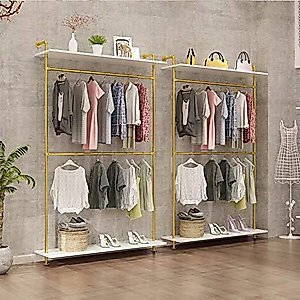 MDEPYCO Modern Simple Industrial Pipe Double Hanging Rods Clothing Rack,Retail Display Wall Mounted Storage Clothes Hanging Shelf,2 Tier Wood Garment Rack (One Shelves,Gold, 47.2" L)