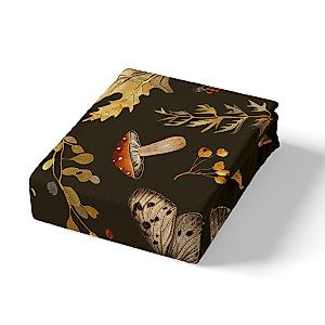 Castle Fairy Fall Theme Duvet Cover Queen Size Mushroom Butterfly Maple Leaves Bedding Comforter Cover 3 Pieces with 2 Pillowcases Botanical Garden Plants Herbs Bedding Set for Men Women Room,Black