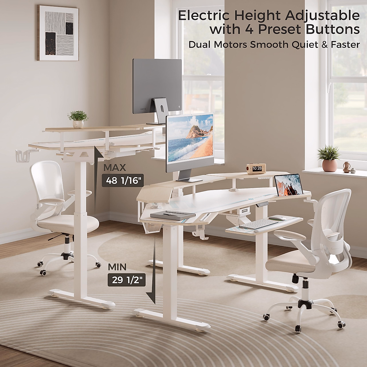 EUREKA ERGONOMIC Standing Desk with Keyboard Tray, Gaming Desk, Wing Shaped Sit Stand Desk 72'' Large Music Studio Desk, LED Convertible Shelves, Dual Motor&Slot, Maple, X-Large (ES71)