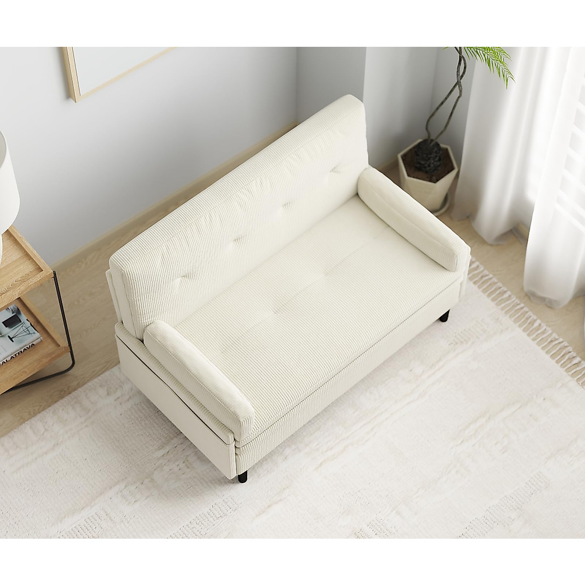 3 in 1 Sleeper Sofa Couch Bed, Convertible Loveseat Futon Sofa with 5 Level Adjustable Backrest, Corduroy Pull Out Couch, Modern Love Seat Pullout Bed for Small Space Living Room, Bedroom, Ivory