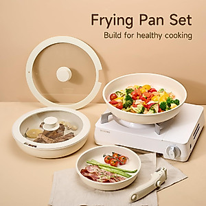 JEETEE Nonstick Frying Pan Set, Non Stick Frying Pans with lid and Detachable Handle, Frying Pan Set with Removable Handle-8 Inch-9.5 Inch-11 Inch, Oven Safe, PFOA Free, Beige