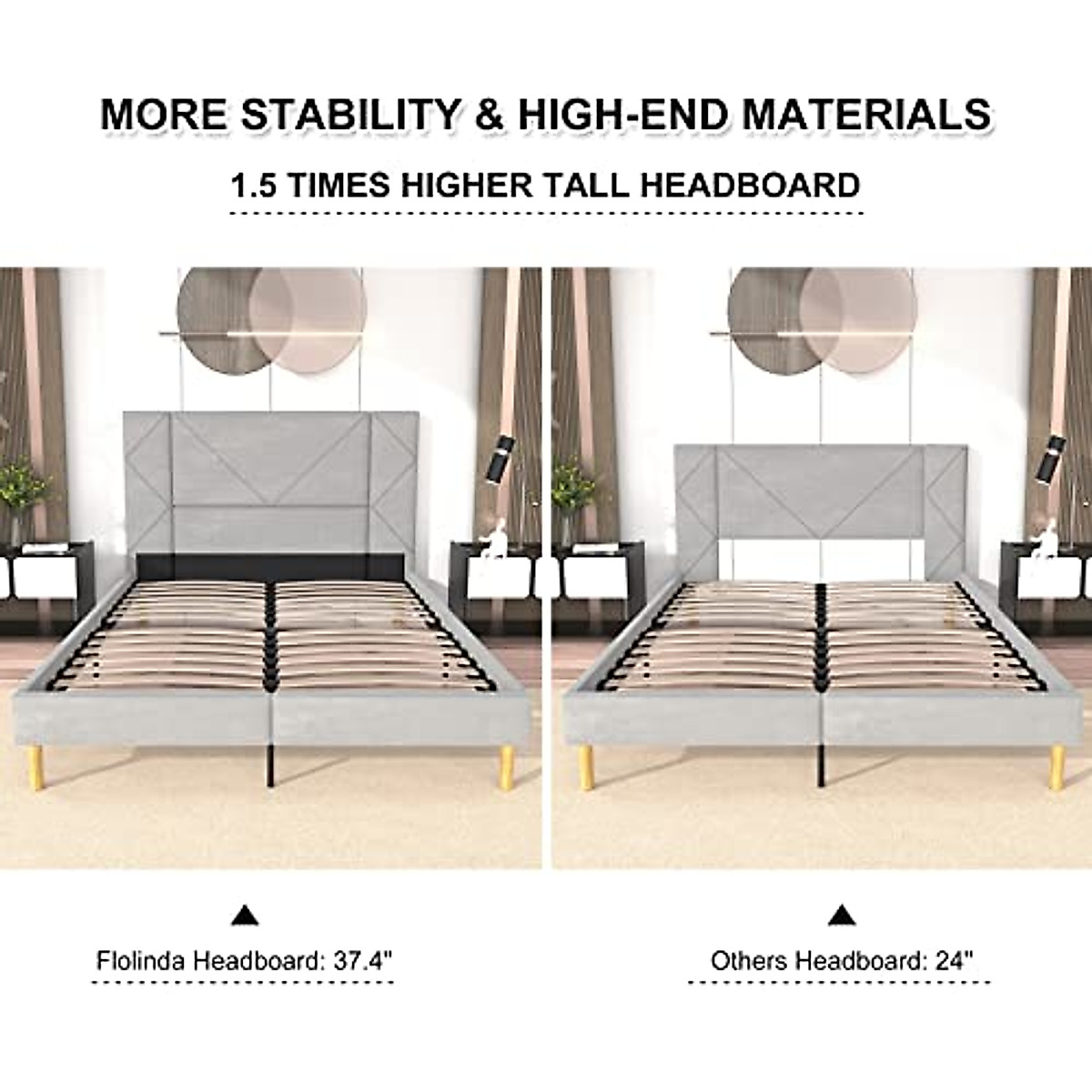 Flolinda Queen Size Bed Frame, Upholstered Queen Bed Frame with Tufted Velvet Headboard, Mattress Foundation, Strong Wood Slat Support Double Bed Frame, No Box Spring Needed, Easy Assembly, Grey