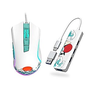 XVX G705 Wired Gaming Mouse & USB C Hub 4-Port, Aluminum USB 3.0 Hub with a USB C to USB Adapter
