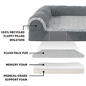 Furhaven Memory Foam Dog Bed for Medium/Small Dogs w/ Removable Bolsters & Washable Cover, For Dogs Up to 35 lbs - Two-Tone Plush Faux Fur & Suede L Shaped Chaise - Stone Gray, Medium