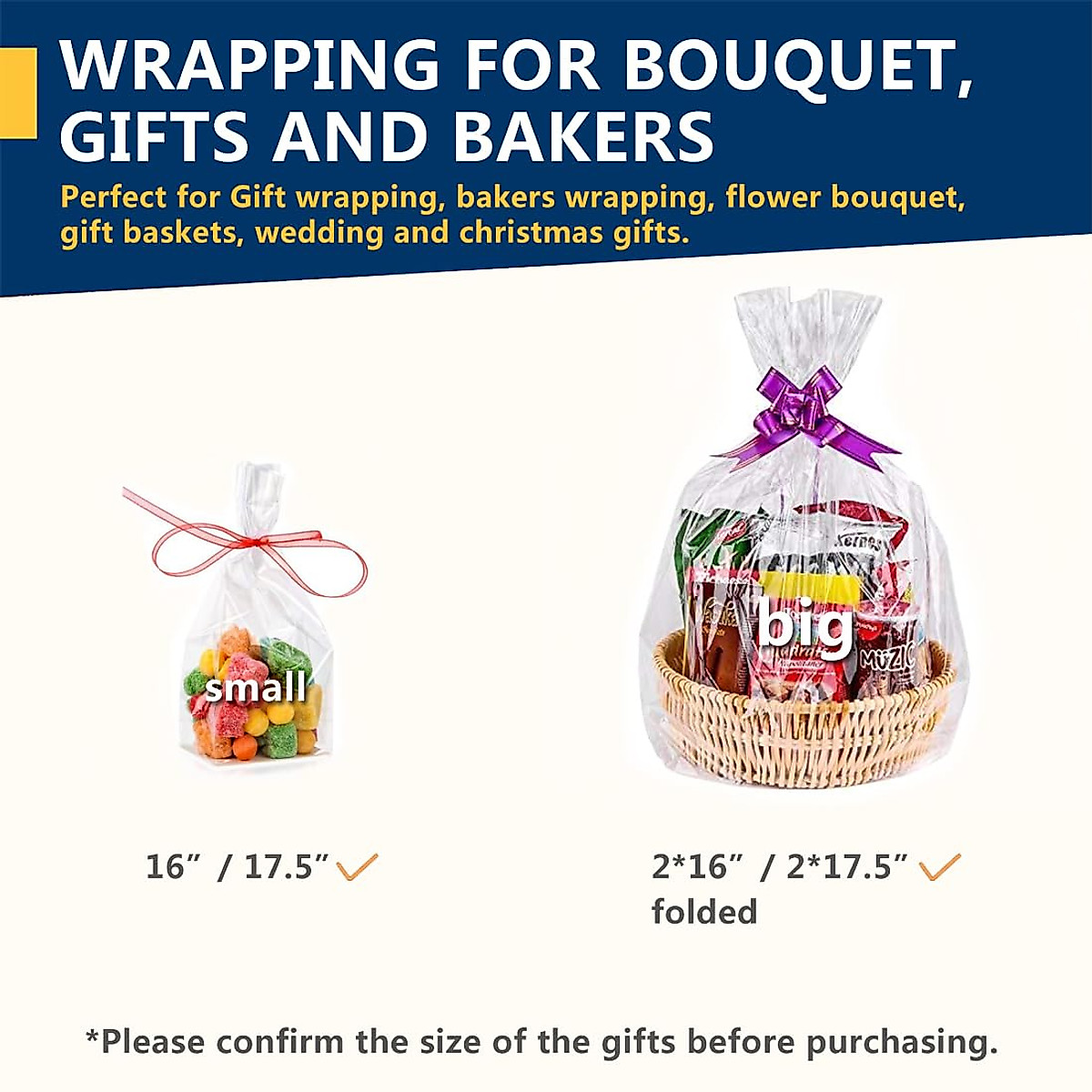 PerkHomy Clear Cellophane Wrap Roll 17.5" x 125' 3Mil Thick Cellophane For Gift Basket Treats Goodie Wrapping Craft Flower Bouquet Plastic (Clear, 17.5"W × 125'L)