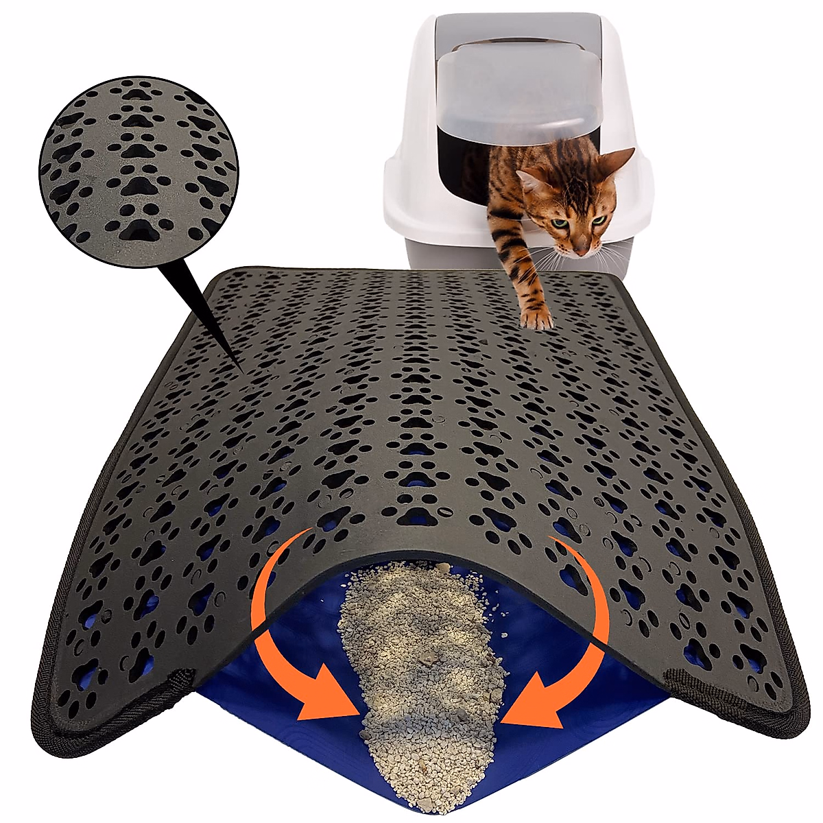 KAYOUBI Cat Litter Mat Litter Trapping Mat, Double-Layer Kitty Paw Design, Urine and Waterproof Material, Easy to Clean, Non-Slip, Scatter Control, Sifting, Kitty Mat, (Blue)