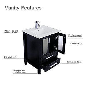 eclife 24" Modern Bathroom Vanity Sink Combo with Overflow Ceramic Sink Top & MDF Stand Bathroom Cabinet & Chrome Solid Grass Faucet and Pop Up Drain Vanity Mirror (A08B03)