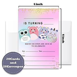 Squish Birthday Invitation Cards with Envelopes Pack of 20 (4" X 6") - Party Invitations for Boys, Girls, Kids, Teens - Squish On Over And Join Us To Celebrate - Squish Party Favors Decorations and