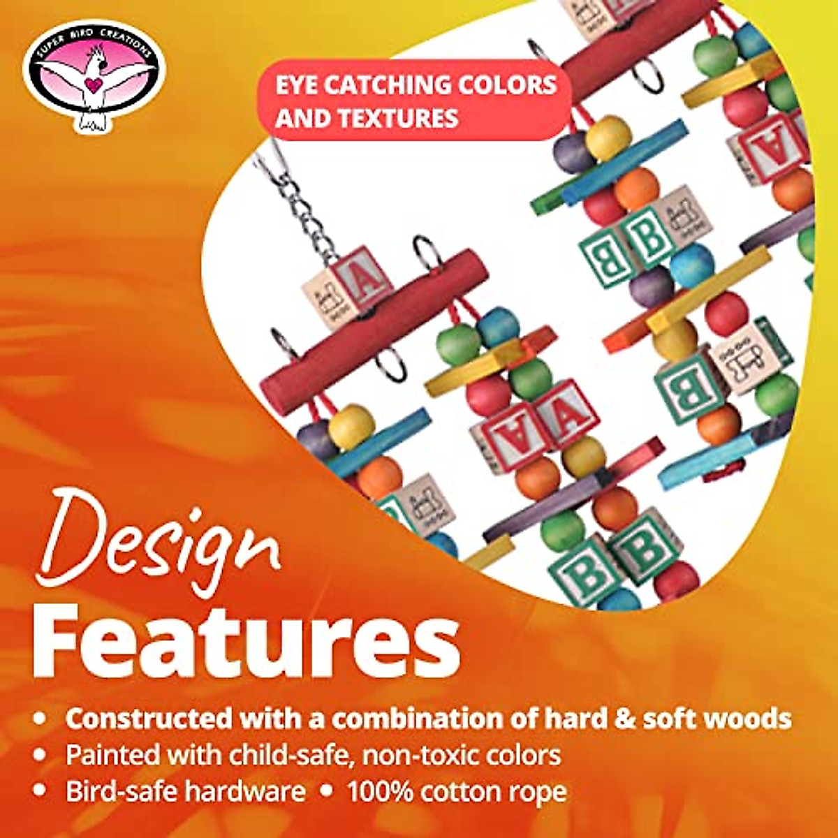 Super Bird Creations SB448 Katy's ABC Jr. Bird Toy, Medium Bird Size, 7" x 5" x 1.5"