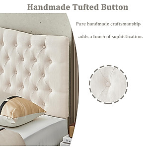 Befurtori Linen Upholstered Queen/Full Headboard, Tufted Button Headboard for Queen/Full Bed, Curved Integrated Design with Tufted Solid Wood Head Board and Luxury Soft Padded, Ivory