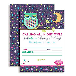 Night Owl Slumber Birthday Party Themed Party Invitations, 20 5x7 Fill In Cards with Twenty White Envelopes by AmandaCreation