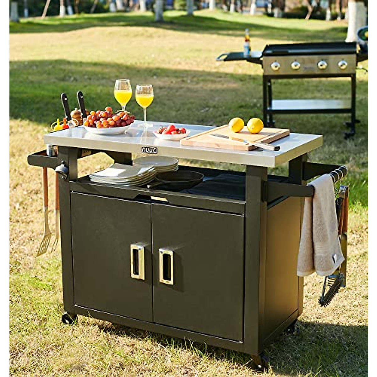 NUUK Pro 42-Inch Rolling Outdoor Kitchen Island and BBQ Serving Cart, with Heavy Duty Wooden Cutting Board and Propane Tank Holder