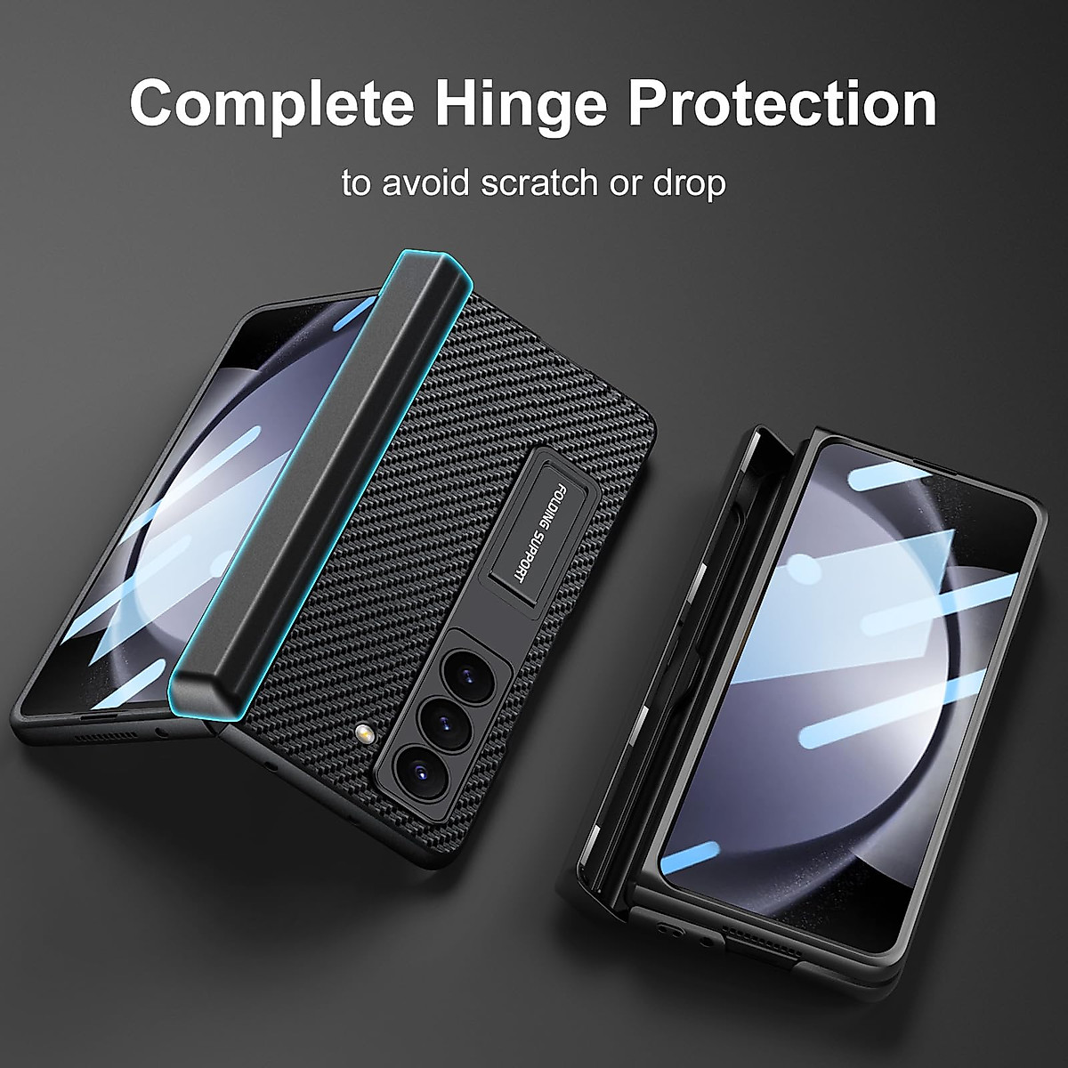 Libeagle Compatible with Samsung Galaxy Z Fold 5 Case, Built in Hidden Fold 5 New Slim S Pen Holder (2023), Leather on Back, Screen Protector, Hinge Protection, Wireless Charging Cover 5G-Carbon Fiber